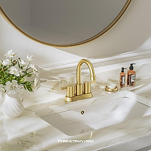 Brushed Gold 4 Inch 2 Handle Centerset Lead-Free Bathroom Faucet, Swivel Spout with Copper Pop Up Drain and 2 Water Supply Lines, BF015-1-BG