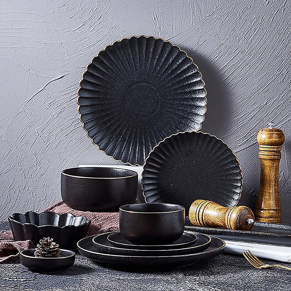 GagalU Party DinnerwareKitchen Tableware Set,Ceramic Dinnerware Set, 15 Pcs Matte Black Retro Plates and Bowls Set- Irregular Edge Dinner Sets, Service for 4