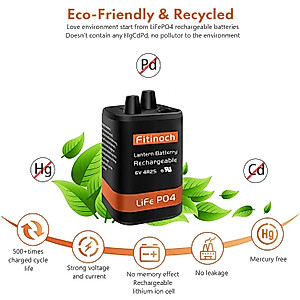 Fitinoch Rechargeable 6 Volt 4.5AH Lantern Battery with Charger, LiFePO4 6V Batteries 1500 Cycles with BMS (Screw Terminals), 4R25 Lantern Battery Replacement