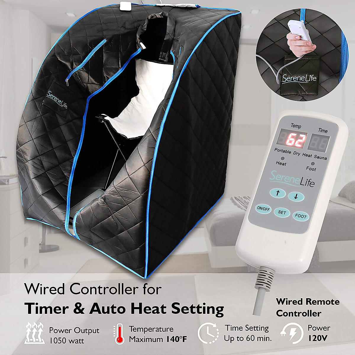 SereneLife AZSLISAU10BK Infrared Home Spa One Person Sauna with Heating Foot Pad and Portable Chair, Black