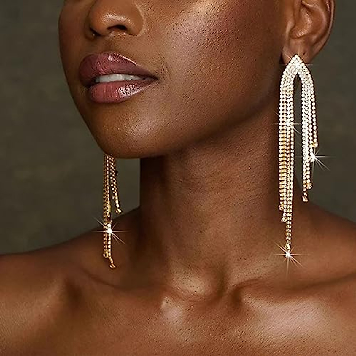 Yokawe Zinc Tassel Dangle Drop Earrings Gold Sparkly Rhinestone Earrings Boho Statement Long Chain Crystal Chandelier Earring Wedding Hook Ear Jewelry for Women and Teen Girl