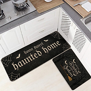 GAGEC Halloween Kitchen Mat Set of 2, No All Witch Live in Salem Kitchen Rug, Bat Broom Halloween Farmhouse Party Floor Mat for Home Kitchen Decorations - 17x27 and 17x47 Inch