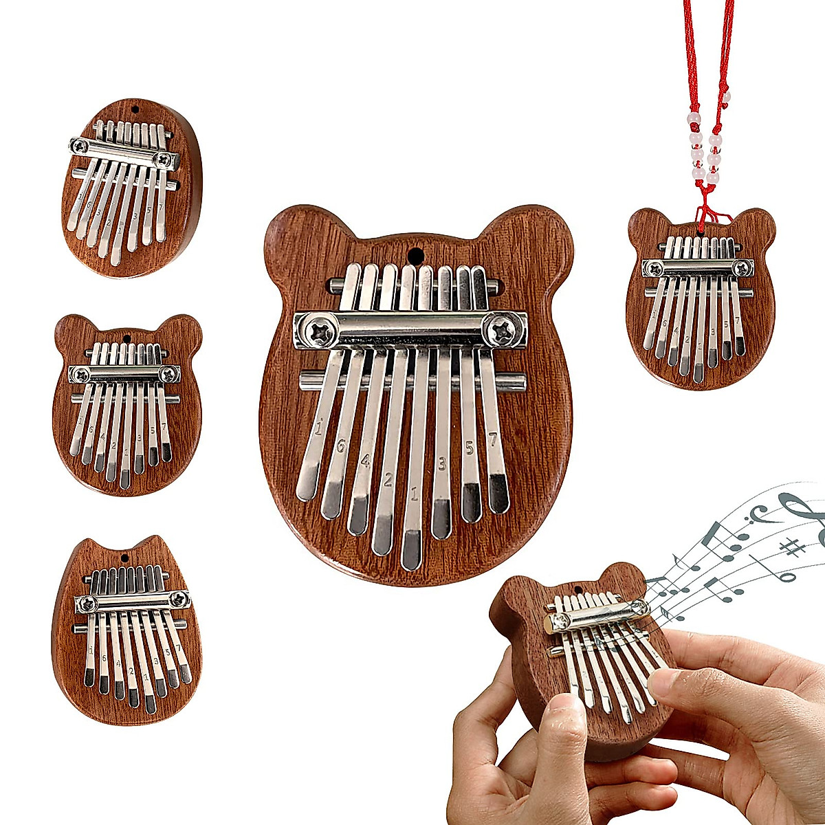 Mini Thumb Piano, 8 Key Mini Kalimba Finger Piano, Portable Marimba Musical Thumb Piano with Lanyard, Solid Wood Musical Good Accessory Pendant Finger Piano Gift for Kids & Adults Beginners (Bear)