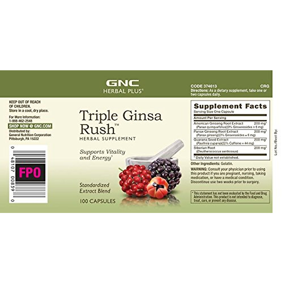 GNC Herbal Plus Triple Ginsa Rush, 100 Capsules, Supports Vitality and Energy
