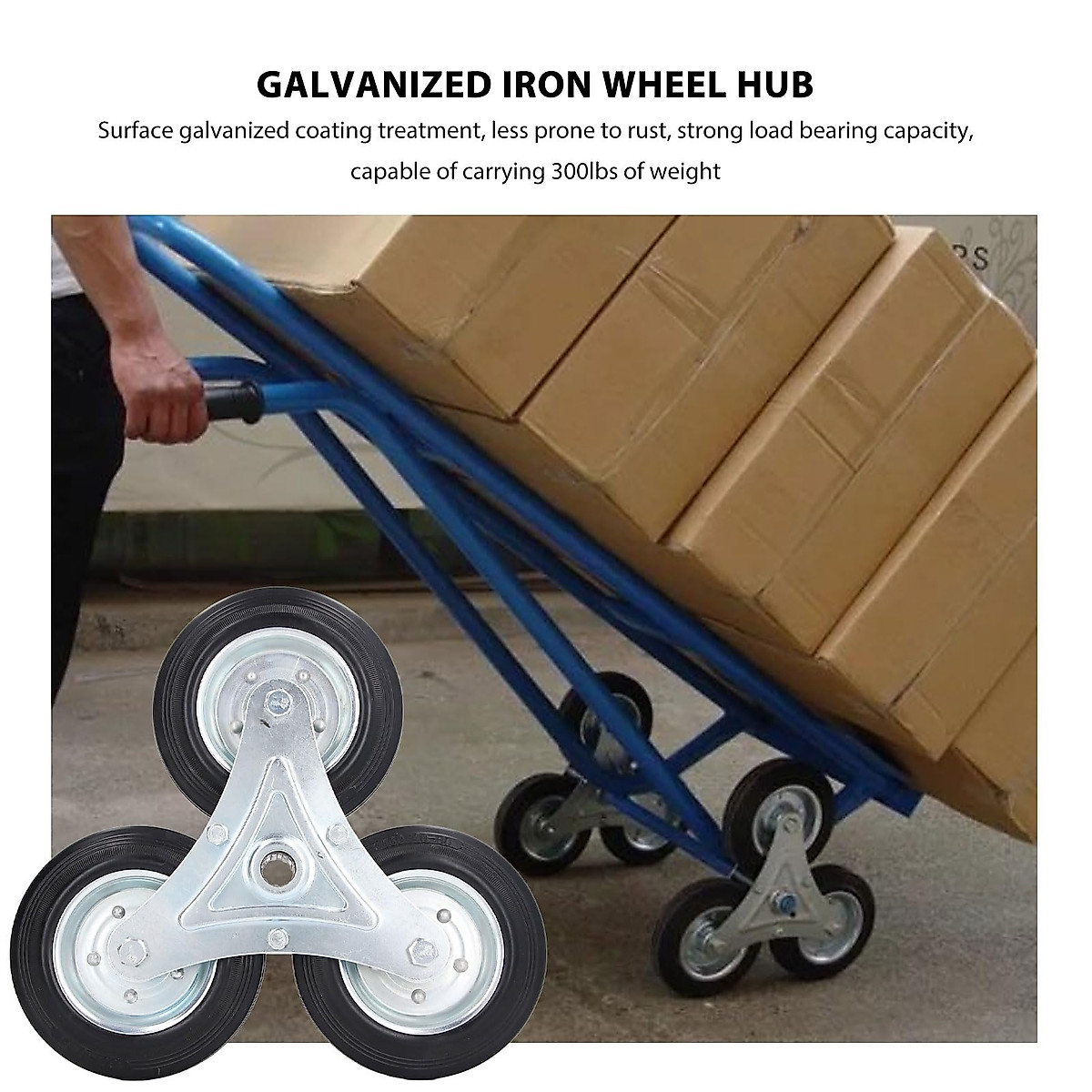 Stair Climbing Wheel, 6 Inch 300LBS Load Capacity, Heavy Duty Triangular Wheel for Stairs, Non Slip Solid Rubber Replacement Wheel, Galvanized Iron Hub, for Shopping Carts