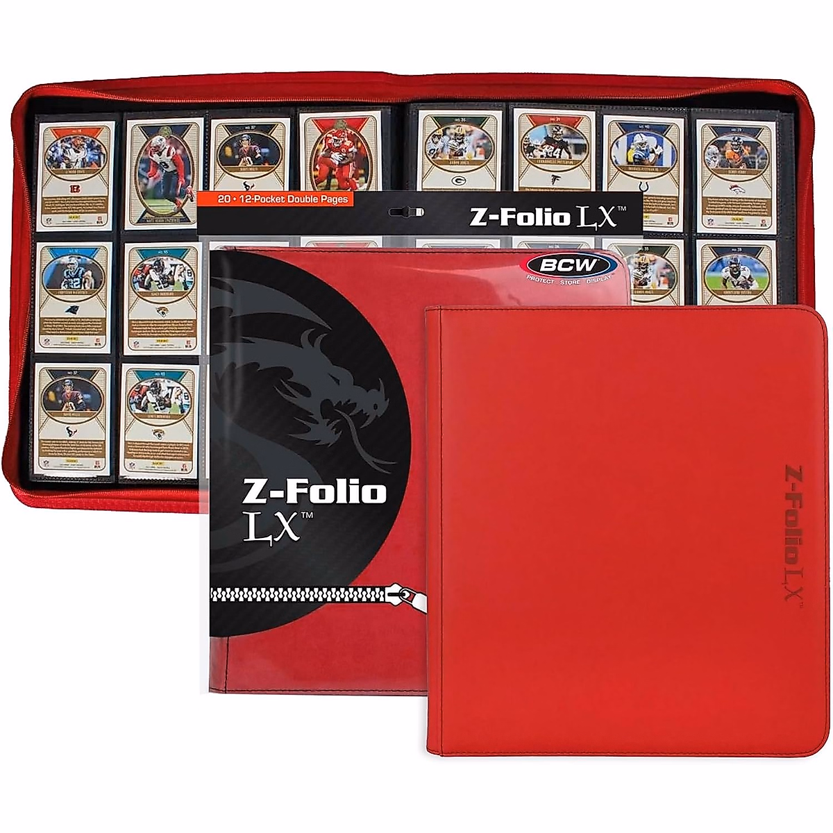 BCW Z-Folio LX Zipper Portfolio - Premium Red Leatherette 12-Pocket Playset Album - Secure Zipper - 480 Card Capacity - Card Collector's Dream - Card Organizer - Trading Card Storage
