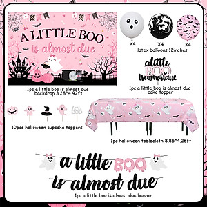 Balterever Halloween Baby Shower Decorations for Girls Pink Black a Little Boo is Almost Due Baby Shower Banner Backdrop Cake Cupcake Toppers Halloween Tablecloth for Halloween Baby Shower Gender