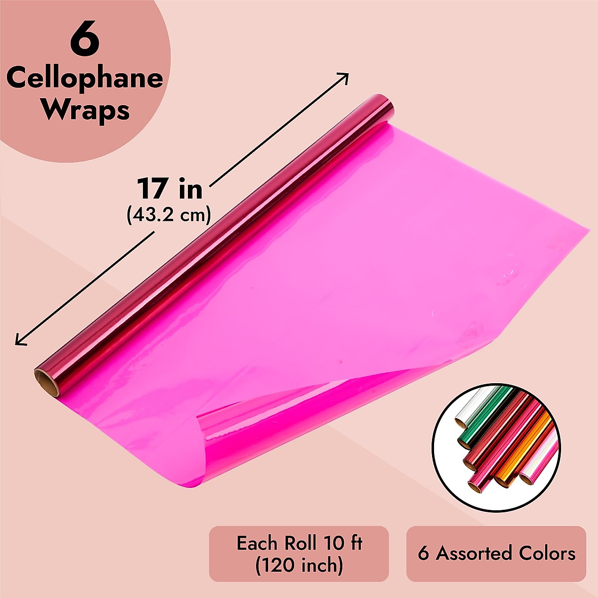 6 Rolls Transparent Colored Cellophane Wrap for Gift Wrapping, 6 Colors (17 Inches x 10 Feet)
