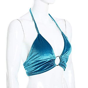 Women Halter Backless Camis Streetwear Club Patchwork Camisole Blue