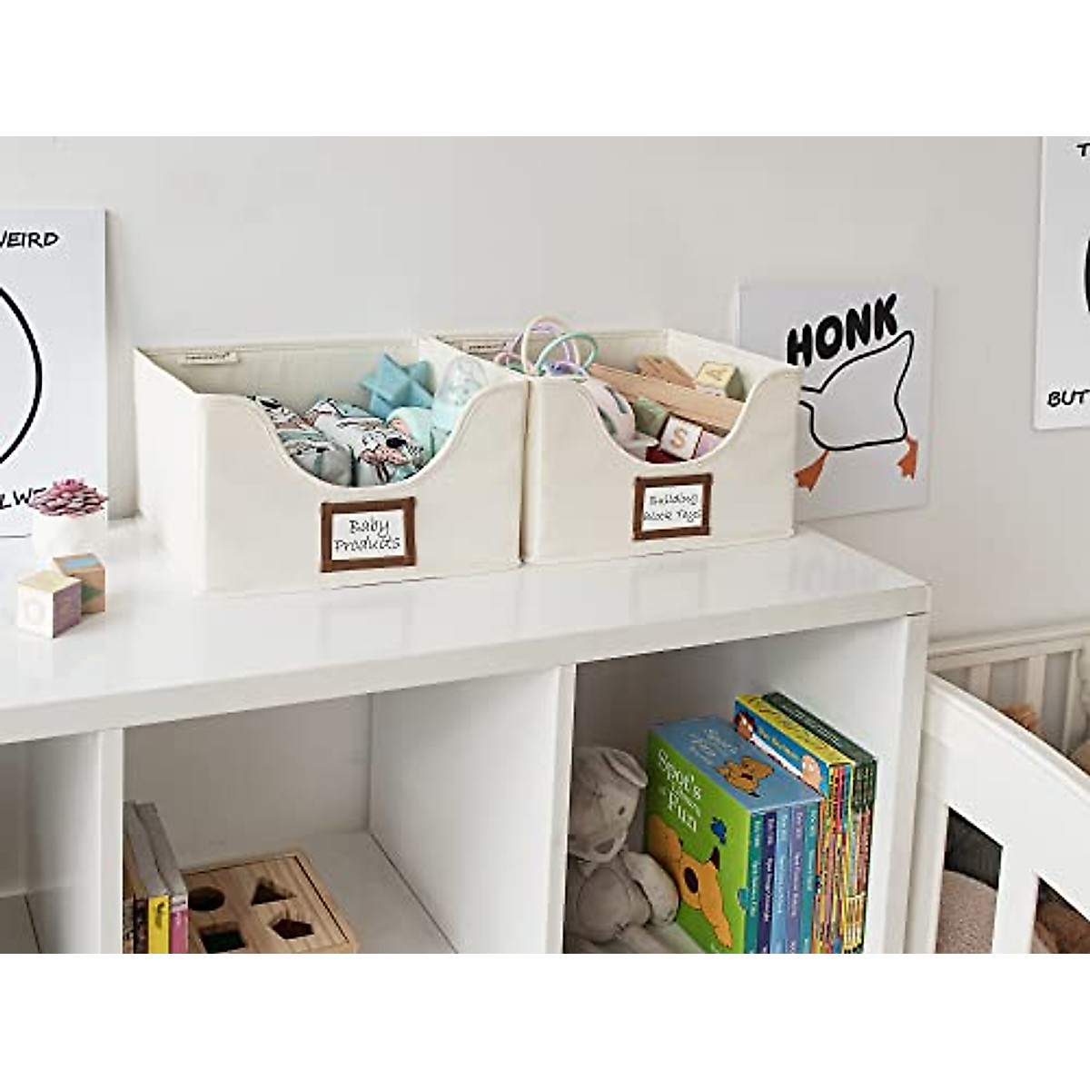 StorageWorks Storage Bins, Foldable Storage Basket for Shelves, Fabric Organizing Bins with Cutout Window and 2 Handles, Beige, 2-Pack