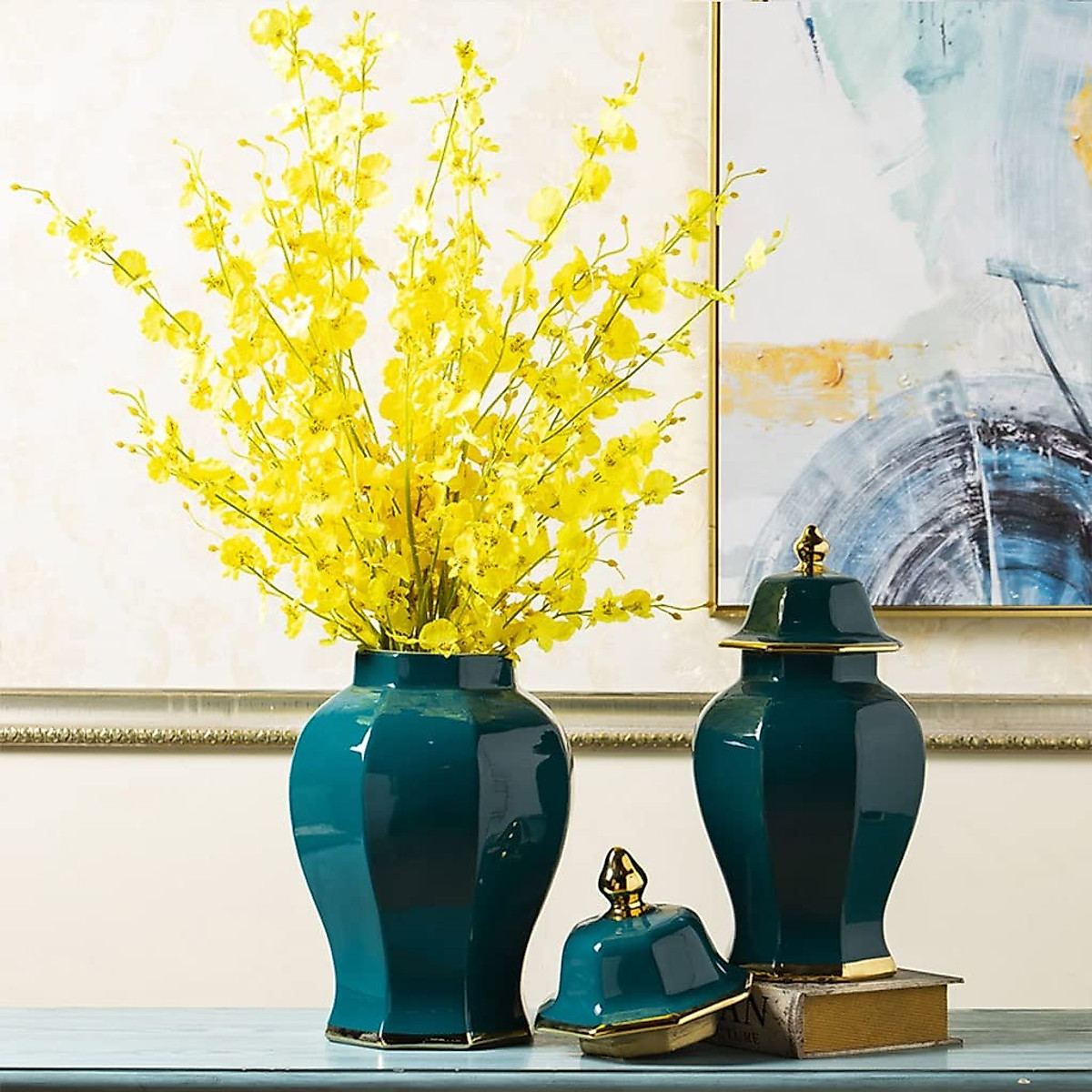 Handmade Green Hexagon Ginger Jar Vase Ornament, Home & Living Room Decorative Jar, Gold-Plated Ceramic Temple Jar (Size : Large)