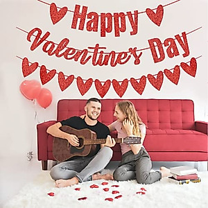 MZ.ogm Valentines Banner with Glittery Felt Heart Garland Banner Happy Valentines Day Banner Decor for Fireplace Valentines Day Decorations for