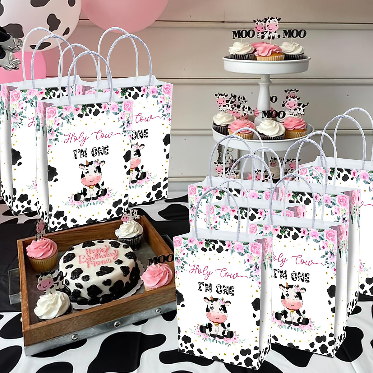 Tyndallrays 16 Pieces Holy Cow I'M ONE First Birthday Party Favors Bags,Holy Cow 1st Birthday Gift Snacks Treat Candy Party Favors Bags with Handles for Girls Boys 1st Birthday Party Decorations