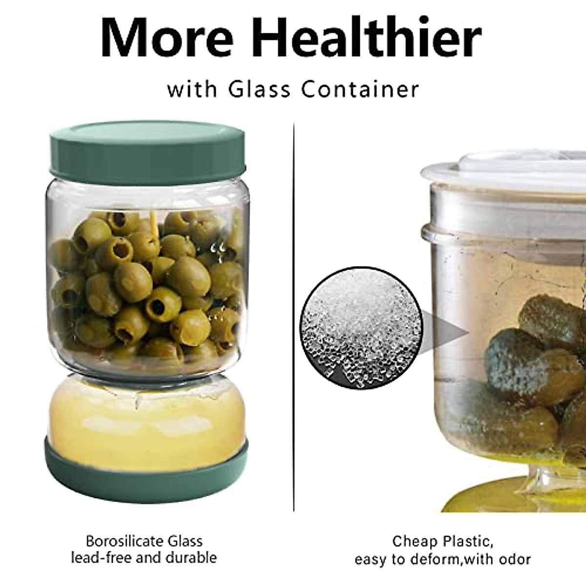 WhiteRhino Glass Pickle Jar,34oz Olive Hourglass Jar with Strainer,Airtight Glass Jar Pickle Juice Separator Jar Pickle Flip Jar for Gherkin Jalapeno