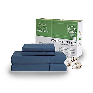 MEISHANG Cotton Sheets Full Size - 100% Cotton 600 Thread Count Sheets, Soft Breathable Cooling Sateen Egyptian Cotton Bed Sheets with Deep Pocket, 4 Pieces Set Navy