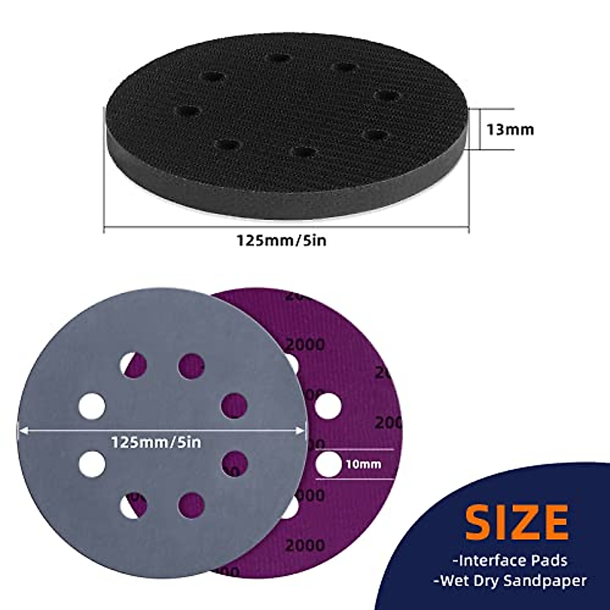 80pcs 5 inch 8 Hole Sanding Discs Hook and Loop 1500/2000/2500/3000/4000/5000/7000/10000 Grits Wet Dry Sandpaper with 2pcs Interface Pad for Random Orbital Sander Automotive Wood Metal Polishing