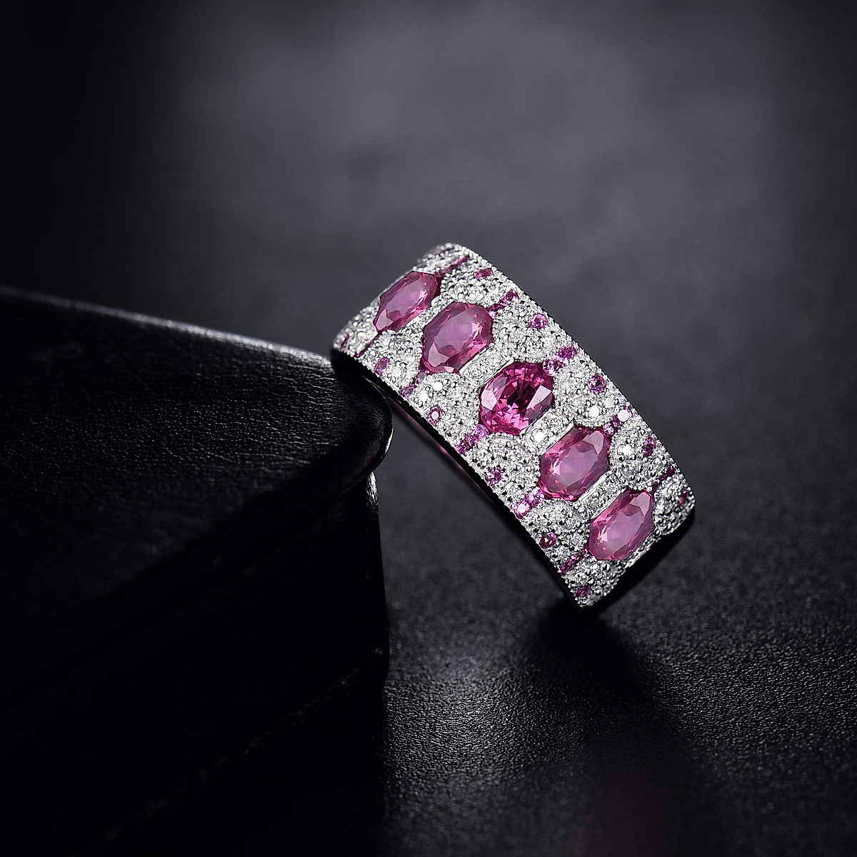 Lanmi 14K White Gold Pink Sapphire Engagement Diamonds Ring Wedding Band for Women