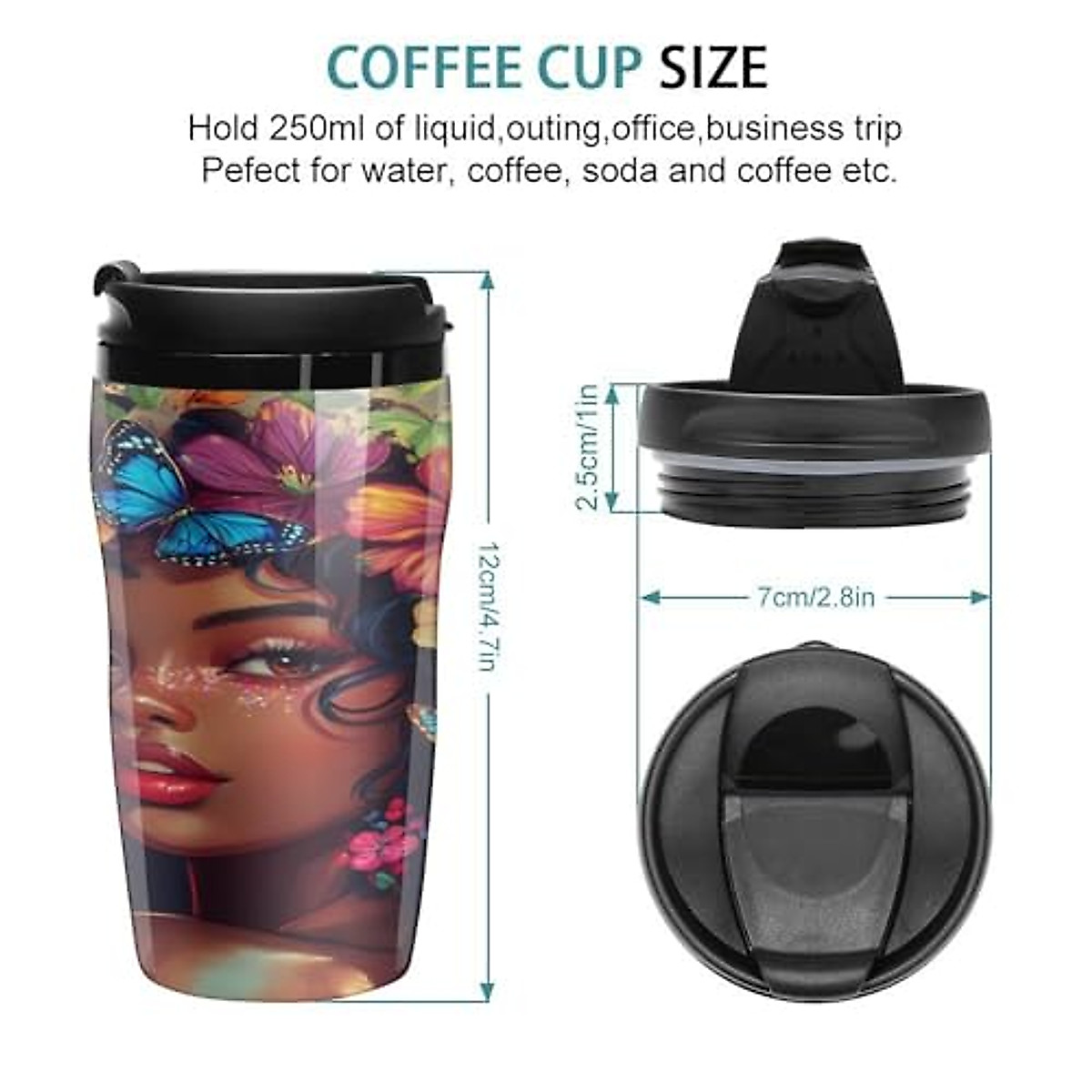 African Am-erican Flower Black Women Travel Coffee Mug Reusable Coffee Cup Tumbler with Lid for Outdoor 250ml