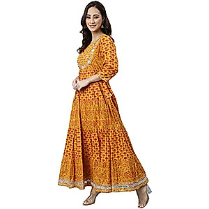 Janasya Women's Mustard Cotton Floral Print Flared Kurta(JNE3971-KR-XL)