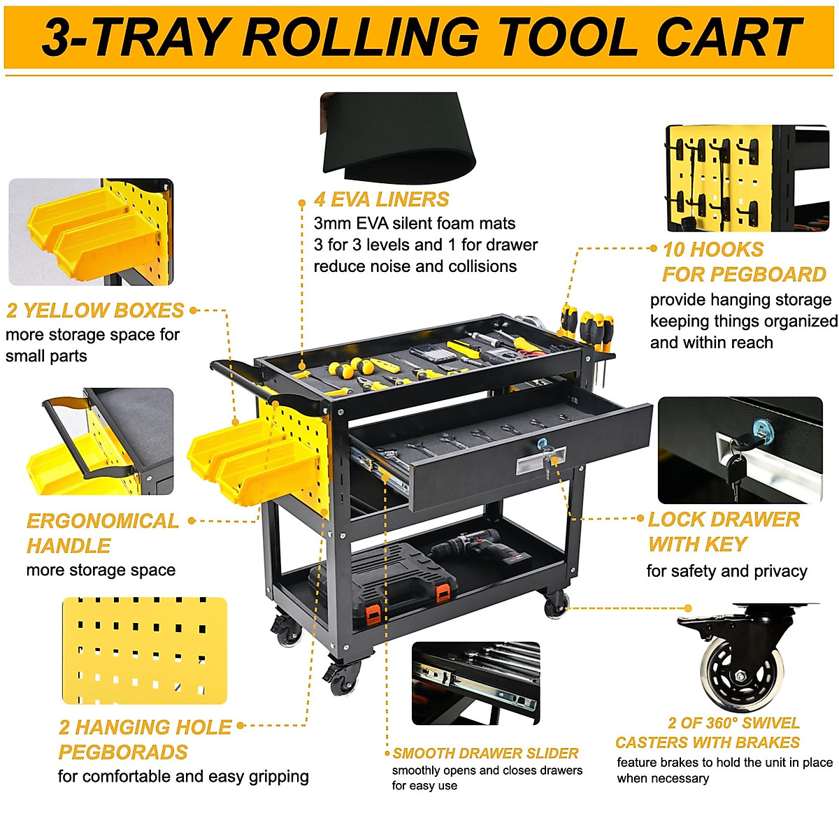 T-HAKEN 3-Tier Rolling Tool Cart with Drawer (Keyed) - Black and Yellow Tools Box Cabinet on Wheels.