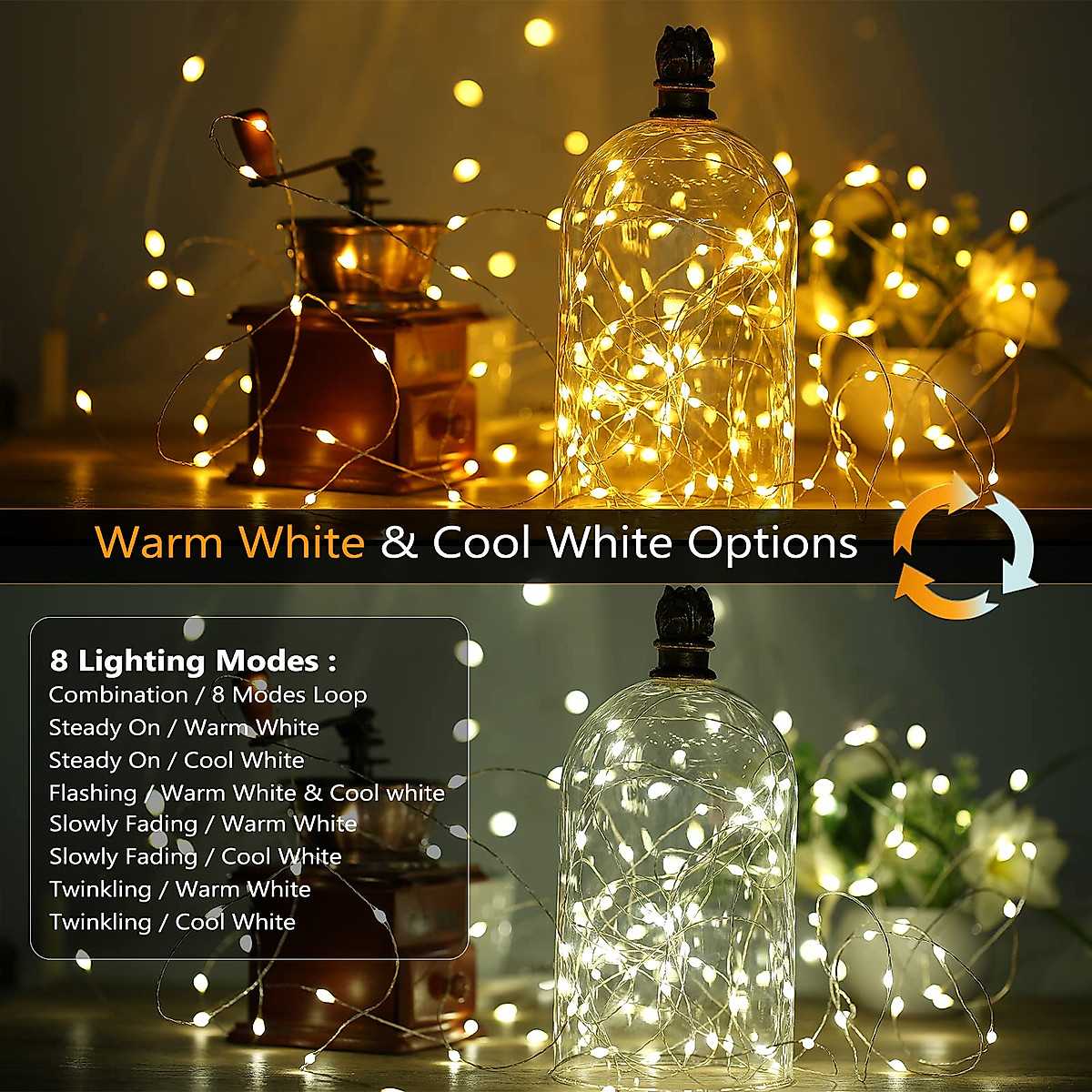 BrizLabs Solar Fairy Lights, 200 LED 66ft Super Bright Solar String Lights, Cool White & Warm White 2 Colors in One Solar Powered String Lights Waterproof, Outdoor Twinkle lights for Garden Yard Party