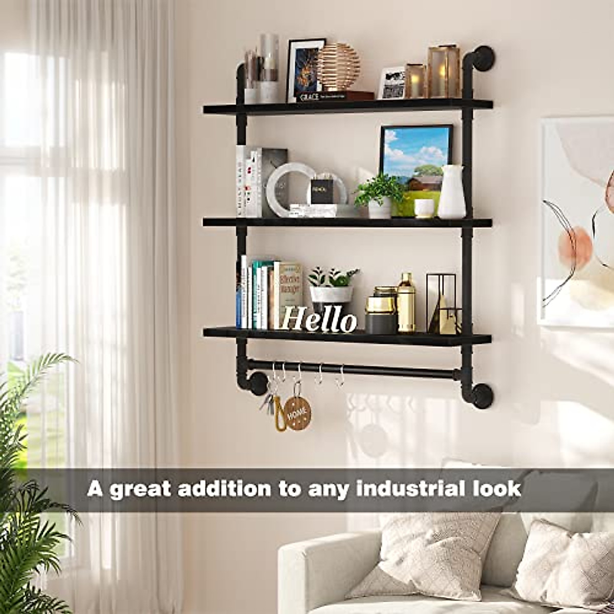 armocity 3 Tier Floating Shelves Industrial Pipe Shelving Iron Pipe Shelves with Towel Bar, Wood Bathroom Shelves Wall Mounted Pipe Wall Shelf with Hooks for Bedroom, Bathroom, Living Room, Black
