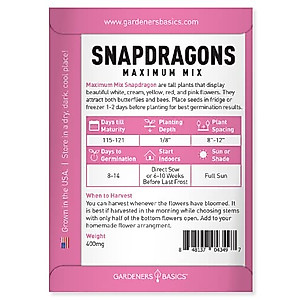 Snapdragon Seeds for Planting (Maximum Mix Snap Dragon) Annual Flower Heirloom, Non-GMO Variety- 400mg Seeds Great for Summer Seeds for Gardening Flowers Gardens by Gardeners Basics