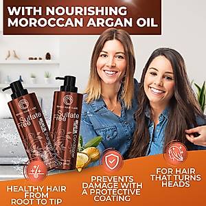 Moroccan Argan Oil Shampoo and Conditioner Set - Sulfate Free, Anti Frizz Hydrating Care for Women - Deep Moisturizing Treatment for Color, Keratin Treated, Curly, Damaged and Dry Hair