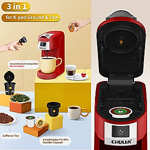 CHULUX Single Serve Coffee Maker, Red Single Cup Coffee Machine for K Cup & Ground Coffee, 5 to 12oz Brew Sizes in Mins for Home, Office, Travel, Kitchen