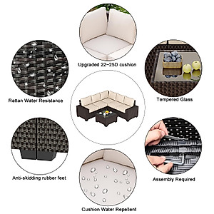 GAOMON 6 Piece Patio Furniture Sets,Outdoor Patio Sofa,Rattan Furniture Set with Glass Table,Wicker Sectional Sofa Conversation Couch,Cushions and Beige Pillows,for Lawn, Garden, Backyard