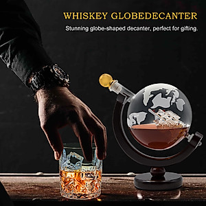 welly pro Whiskey Decanter Set with Wooden Base - Etched World Globe Whiskey Decanter Set, Whiskey Gifts for Men