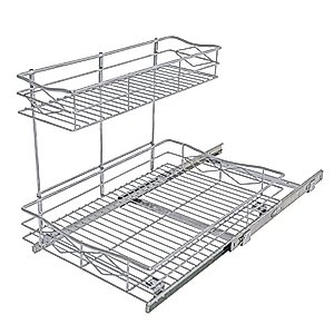 TQVAI Pull Out Cabinet Organizer, 2 Tier Under Sink Storage Shelf with Sliding Drawer, Wire Kitchen Slide Out Basket - 11.75W x 17D x 13.25H, Request at Least 12.5 Inch Cabinet Opening