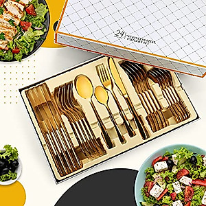 Gold Silverware Set，24-Piece Stainless Steel Flatware Service for 6, Mirror Finish Cutlery Set with Gift Box