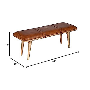 Mid Century Modern Wooden Bench - Leather Bench, Entrance Bench, Foyer for Entryway With Genuine Leather Cushion - Aesthetic Rustic Bedroom, Living Room, Kitchen Window Bench - Brown 48" x 16" x 18"