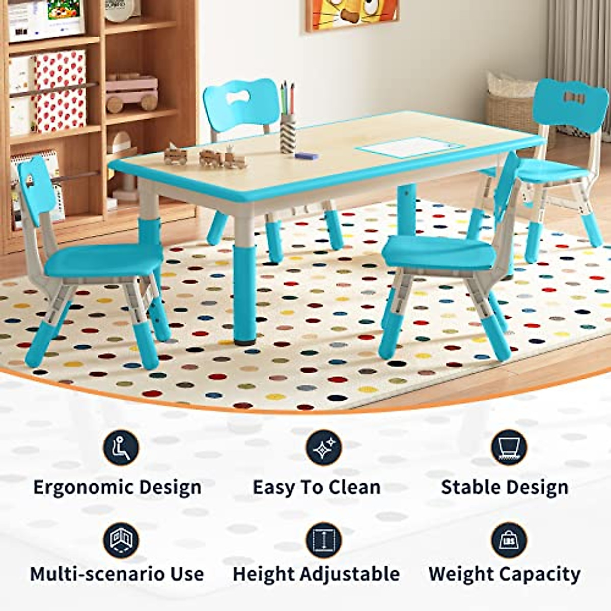 wanan Kids Table and 4 Chairs Set, Multi Levels Height Adjustable Toddler Table and Chairs Set for Daycare, Classroom, Home, Playroom, Easy to Clean Arts & Crafts Table for Ages 2-10 (Light Blue)
