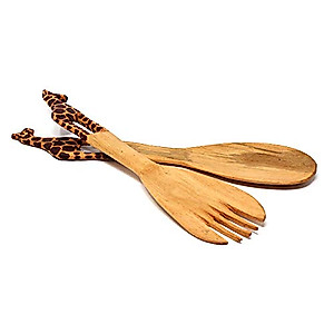 Global Crafts Hand carved Mhugu Wood Salad Serving Set, Giraffe, Set of 2