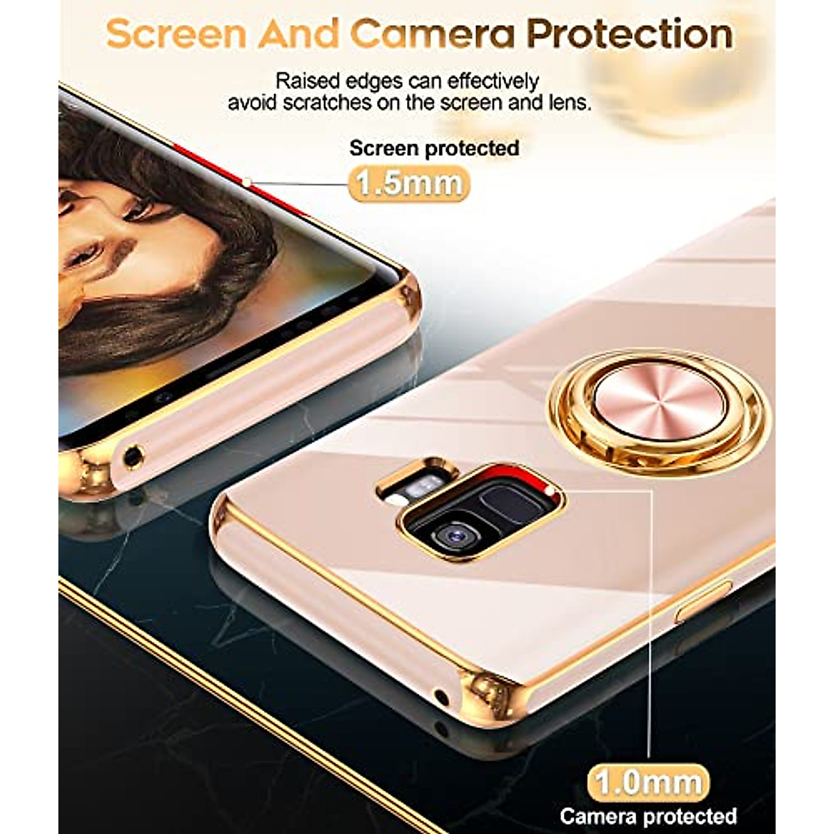 LeYi for Samsung Galaxy S9 Case with 360° Rotatable Ring Holder Magnetic Kickstand, Plating Rose Gold Edge Protective Case for Women and Girls, Pink