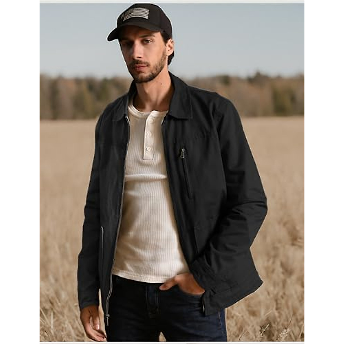 WenVen Men's Casual Canvas Cotton Lightweight Military Jacket (Black,M)
