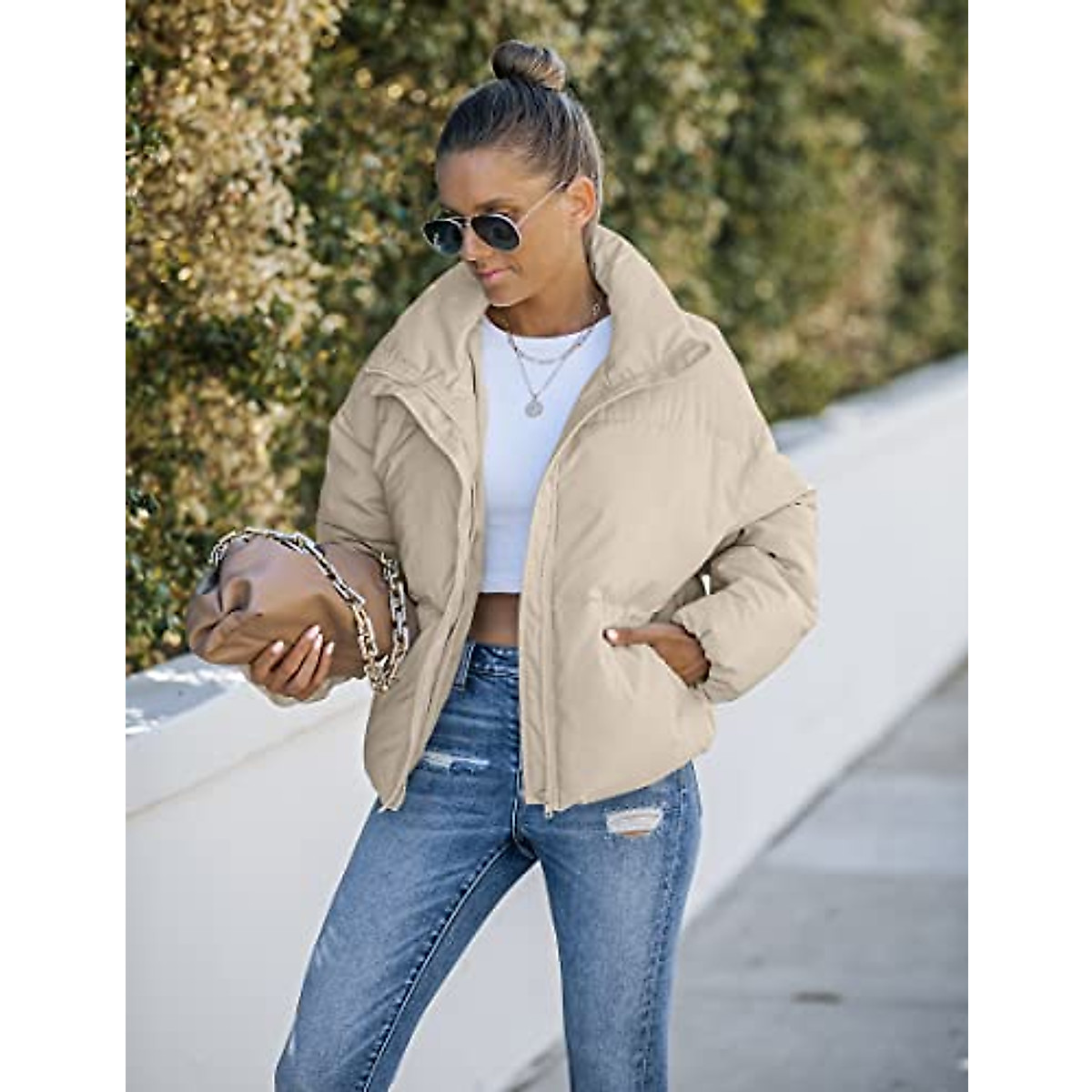 MEROKEETY Women's Long Sleeve Full Zip Puffer Coats Stand Collar Pockets Warm Padded Down Jackets, LightKhaki, L