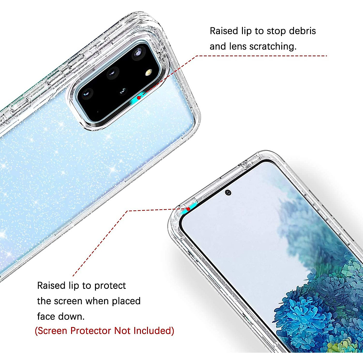 GUAGUA Galaxy S20 Plus Case Samsung S20 Plus Case Glitter Bling Crystal Clear 3 in 1 Hybrid Hard PC Soft TPU Bumper Cover Shockproof Protective Case for Samsung Galaxy S20 Plus 6.7-inch Transparent