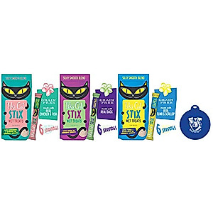 Tiki Cat Stix Wet Mousse Single-Serve Treats in 3-Flavor Bundle: 1 Tuna and Scallops, 1 Duck and 1 Chicken and Shrimp (3 Packs Total, 6 Stix per Pack, 18 Stix Total) Plus Shaynanigans Silicone Lid