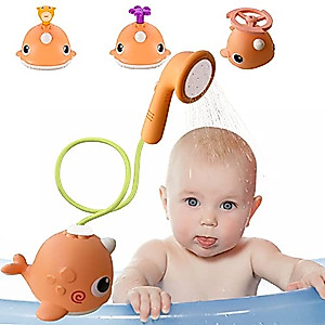 HsngYHL Baby Bath Toy with Shower Head and 3 Water Spray Head Bathtub Toys, Whales Squirt Shower Faucet and Bathtub Water Pump Bathing time Essentials for Toddlers Infants Kids (Orange)