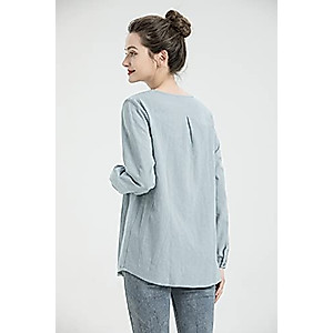 Minibee Women's Scoop Neck Pleated Blouse Solid Color Lovely Button Tunic Shirt White M