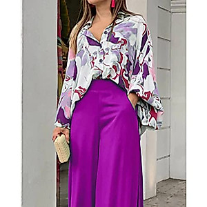 MRSYVES Women Two Piece Set Loose Printing Printed Lapel Shirt Wide Leg Pants With Pocket Casual Office Travel Vacation At Home Wear Purple-XL
