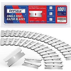 DIYSELF Single Edge Razor Blades, 100 Blades, Razor Blades Refiils for Razor Scraper, Utility Knife, Heavy Duty One Edge Razor Blades, High Carbon Steel Razor Blades for Removing Decals, Stickers