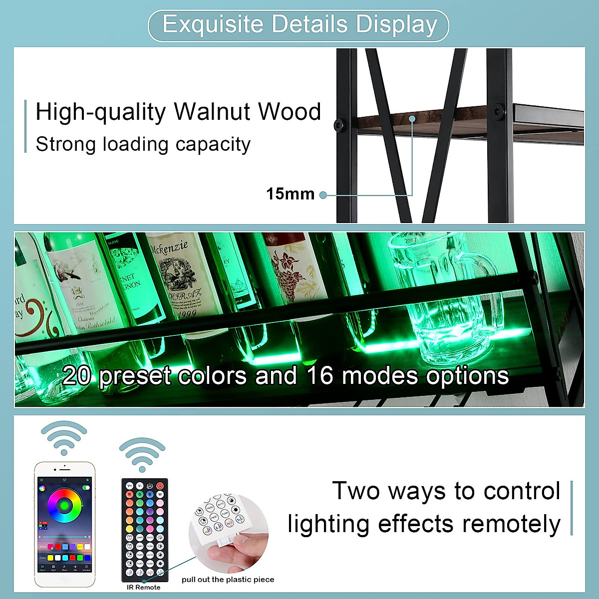 Fhons LED Wine Racks Wall Mounted, Remote Control and 7 Stem Wine Glass Holders, 31.5in Industrial Metal Hanging Wine Rack, Rustic Bottle Holder Glass Rack, 3-Tiers Bar Shelves for Home, Dining Room