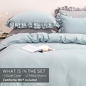 Rvciby Ruffle Duvet Cover Queen Size,Soft and Breathable Washed Microfiber Bedding Set,3 Pieces,1 Duvet Cover with Zipper Closure & Corner Ties and 2 Pillow Shams,90 X 90 Inches (Queen,Blue)