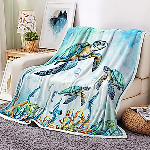 Turtle Blanket Sea Animal Starfish Throw Blanket Kids Blankets Throws Sea Turtle Gifts for Women Boys Girls Aqua Teal Blue Super Soft Cozy Flannel Throw Blanket for Couch Sofa Bed 50"x 60"