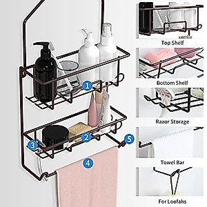 Shower Caddy Hanging over Shower Head Rust Roof Shower Organizer with 10 Hooks for Razor Shampoo Holder Bathroom Shower Rack Storage Shelf with Towel Bar – Bronze