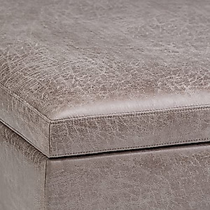 SIMPLIHOME Owen 36 Inch Wide Mid Century Modern Square Coffee Table Lift Top Storage Ottoman in Upholstered Distressed Grey Taupe Faux Leather, For the Living Room